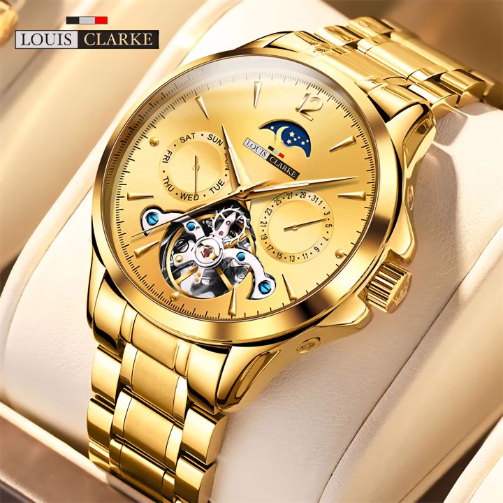 LOUIS CLARKE Fashion Brand Gold Steel Tourbillon Watch Men Sports ...