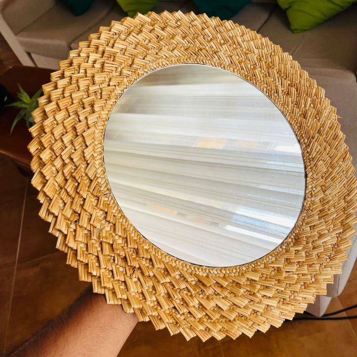 Handmade Weaving Pan Grass Mirror Round Wall Mount Rattan Woven Mirror ...