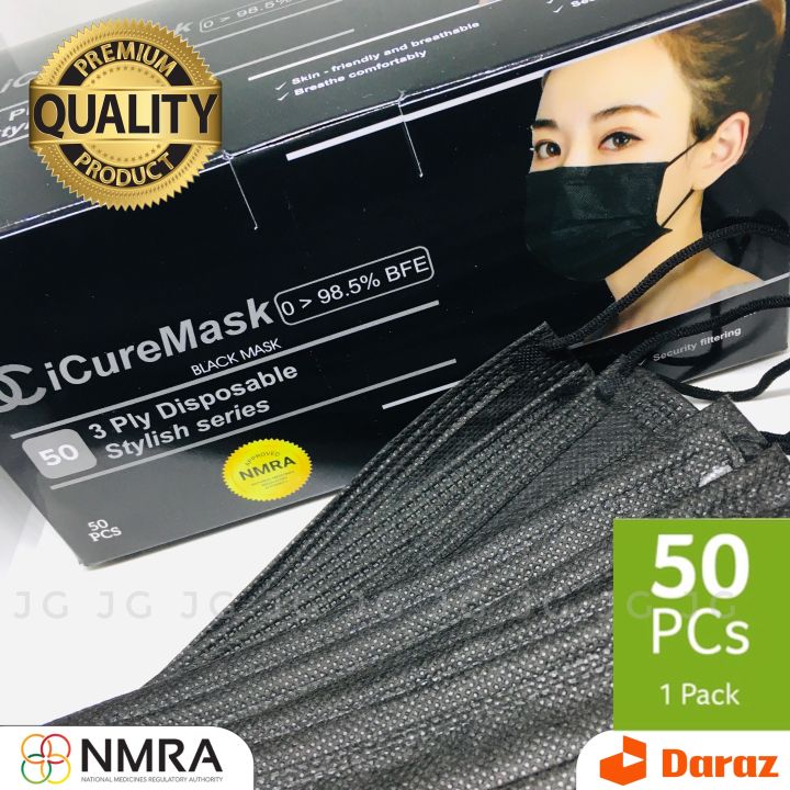ICURE® BLACK SURGICAL MASK NMRA Approved 3PLY mask - FULL BLACK 50PCs ...