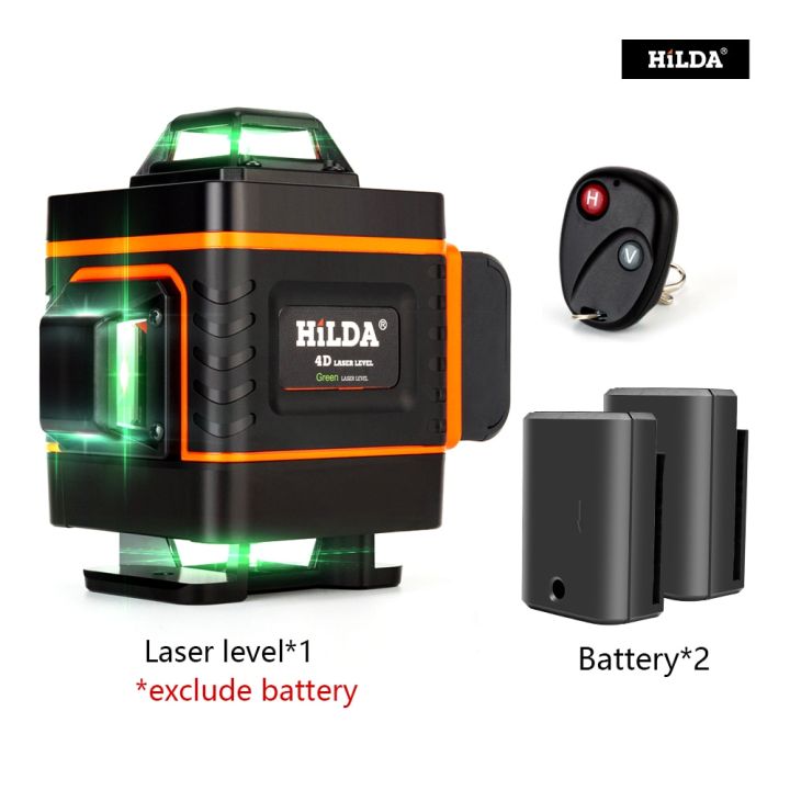 HILDA Laser Level 16 Lines 4D cross line 2 battery Green laser level ...