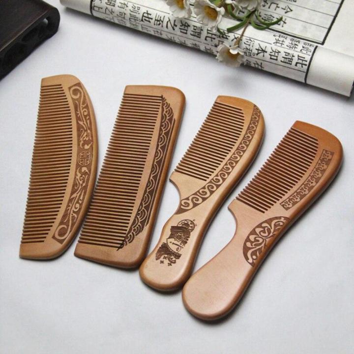 Natural Carved Peach Wood Comb Thickened Wood Comb Curly Massage Hair ...