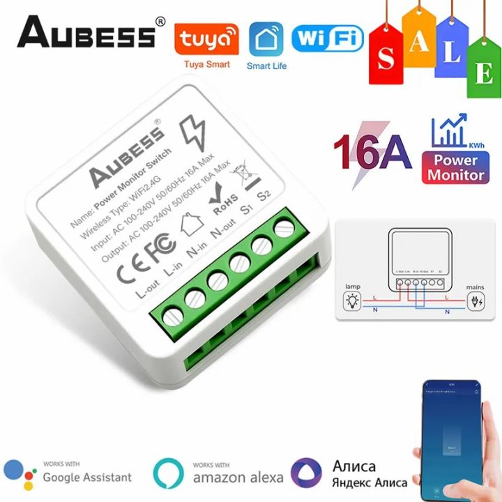 AUBESS Tuya WiFi MiNi Smart Switch With Energy Monitor 16A 2-way ...