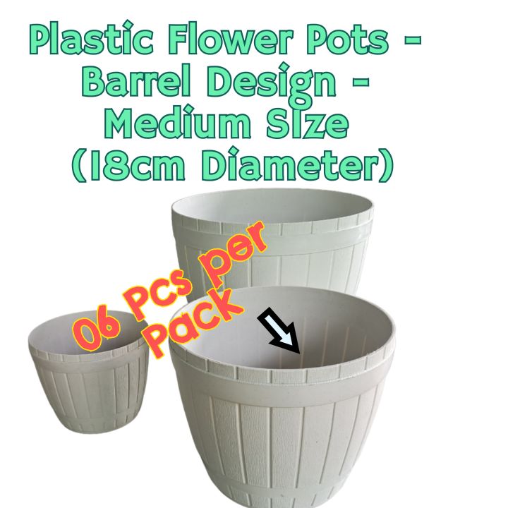 06 pcs Quality Plastic Flower Pots Wood Barrel Design - Medium Size ...