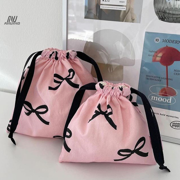 Bow Knot Striped Mini Drawstring Bag Cosmetic Storage Pouch Women ...