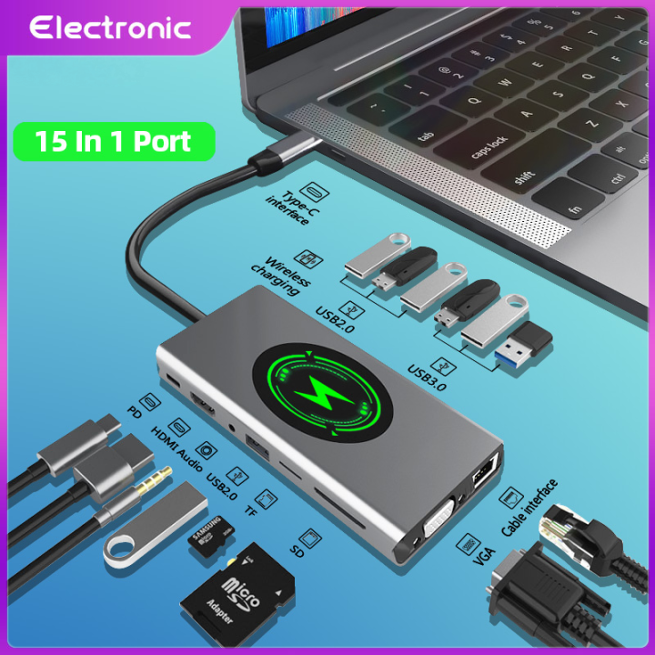 Docking Station USB HUB Type C To HDMI Wireless Charging USB 3.0 Adapter 15 In 1 Type C HUB Dock ...