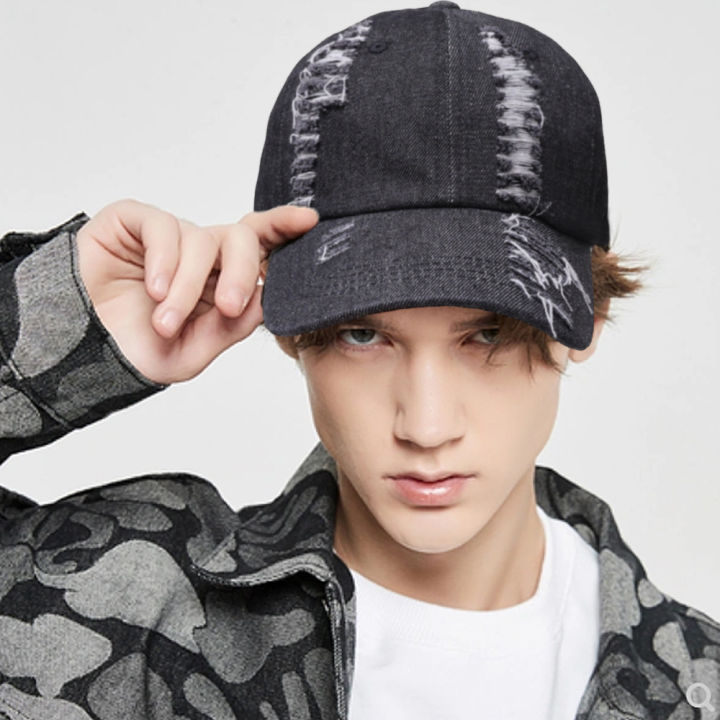 Fashion Design Washed Denim Ripped Retro Baseball Caps Solid Color ...