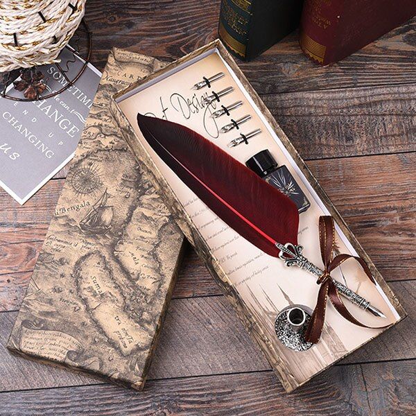 【Alizeker Mall】English Calligrap Feather Set Advertising Gift ink Pen Dip Water Pen Set Birthday ...