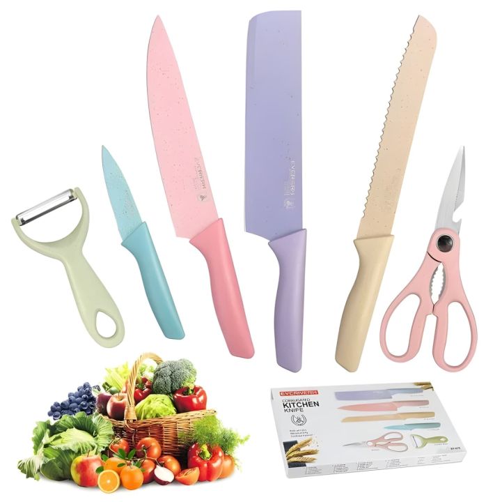 Colorful Kitchen Knife Set 6 PCS, Colored Knives Set with Non-Stick ...