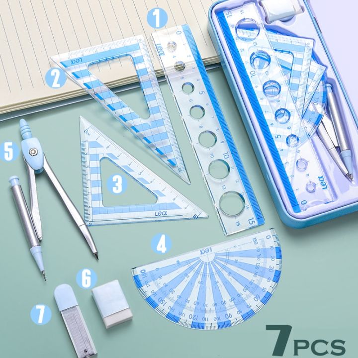 7Pcs/Set Ruler Compass with Metal box Geometry Maths Drawing Compass ...