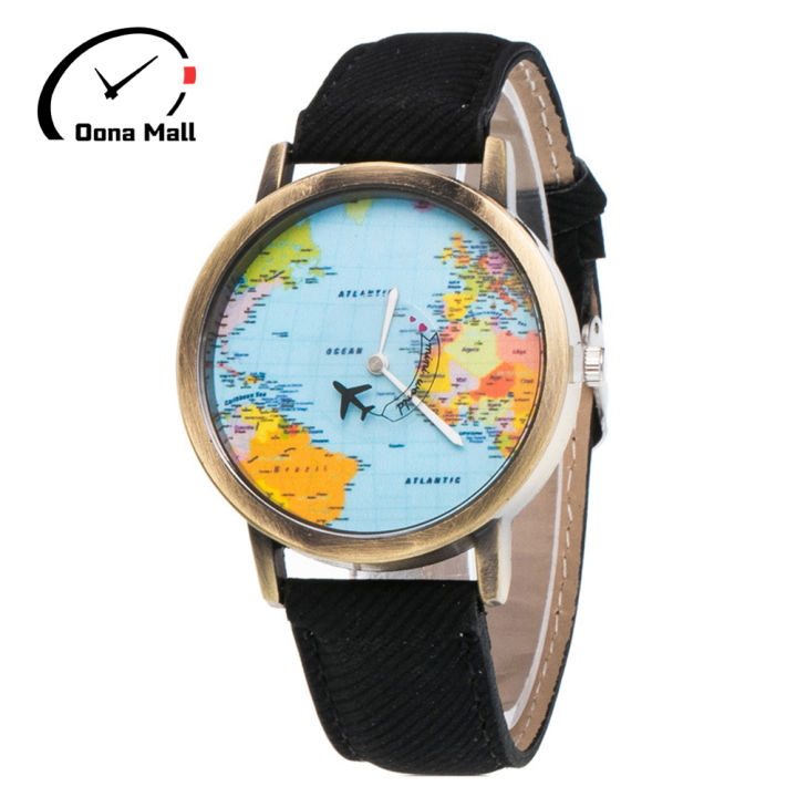 Retro Unisex World Map Denim Fabric Strap Round Dial Analog Quartz ...