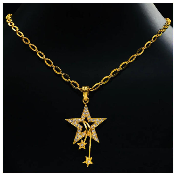 Gold Plated Cut Link Chain and Shooting Star Pendat with White Stone ...