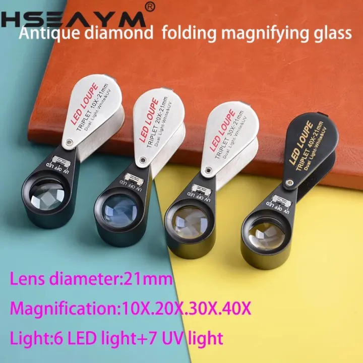 magnifying glass 10X 20X 30X 40X Metal LED Fold Handheld Magnifier ...