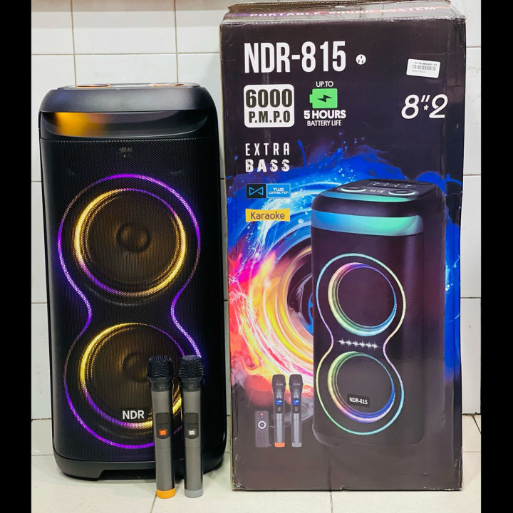 NDR-815 Dual 8" Portable Wireless Bluetooth Speaker with 2 Wireless Mic RGB Light, FM Mic, FM ...