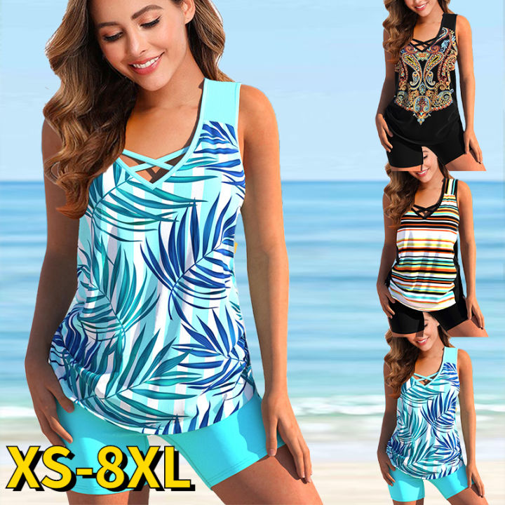 2023 Women's Swimwear Tankini 2 Piece Plus Size Swimsuit Slim Floral ...