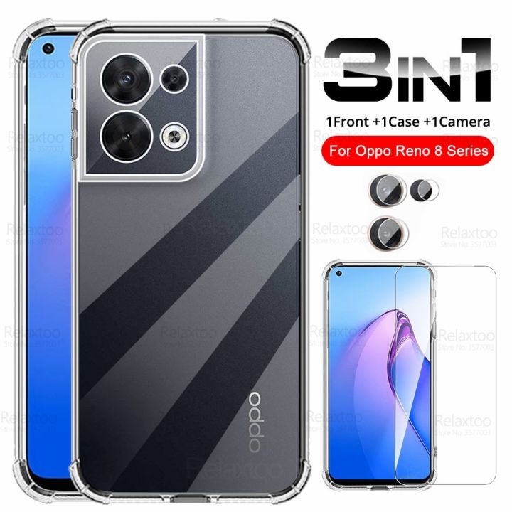 For Oppo Reno8 Case 3in1 Camera Tempered Glass Clear Soft Cover Opo ...