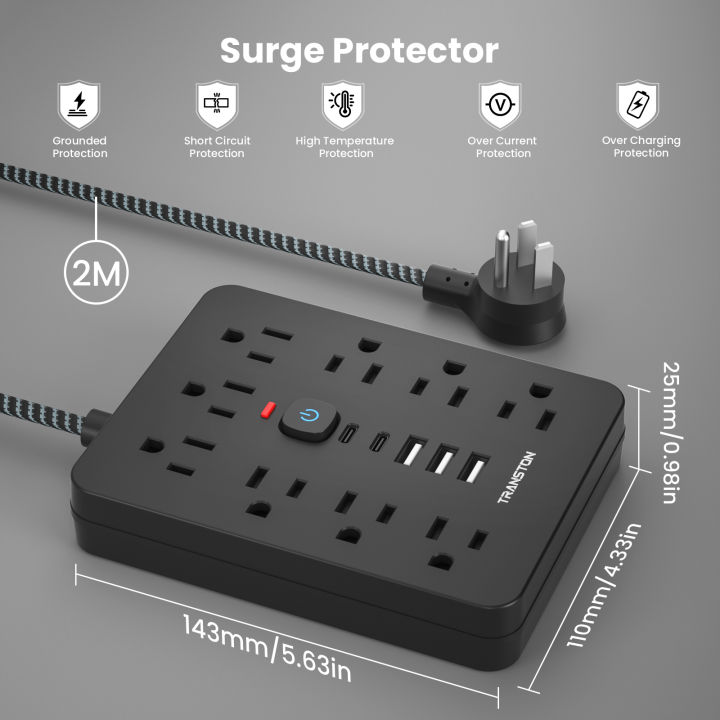 TRANSTON power strip surge protector with 9 Ac Outlets,3 USB & 2 USB-C ...