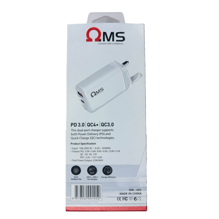 oms om-425 25w PD3.0 QC4+ Fast Charger Adapter type-c and USB-A Port ...