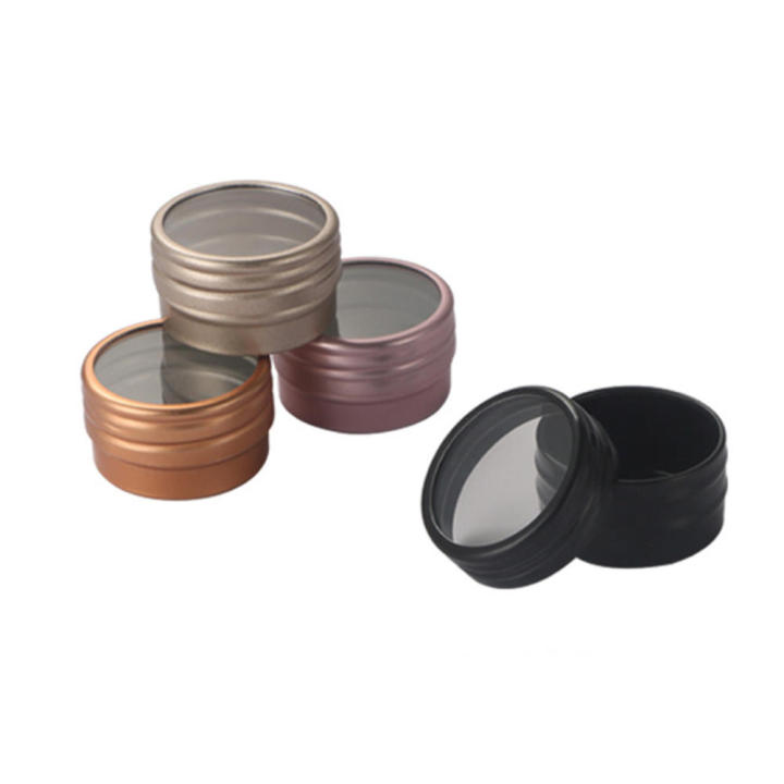 Empty aluminum cans with transparent windows, round nail cans, face ...