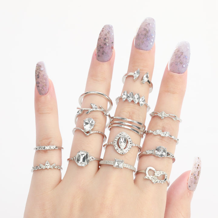 15 Piece Retro Silver Geometric Gemstone Ring Set for Women Girls ...