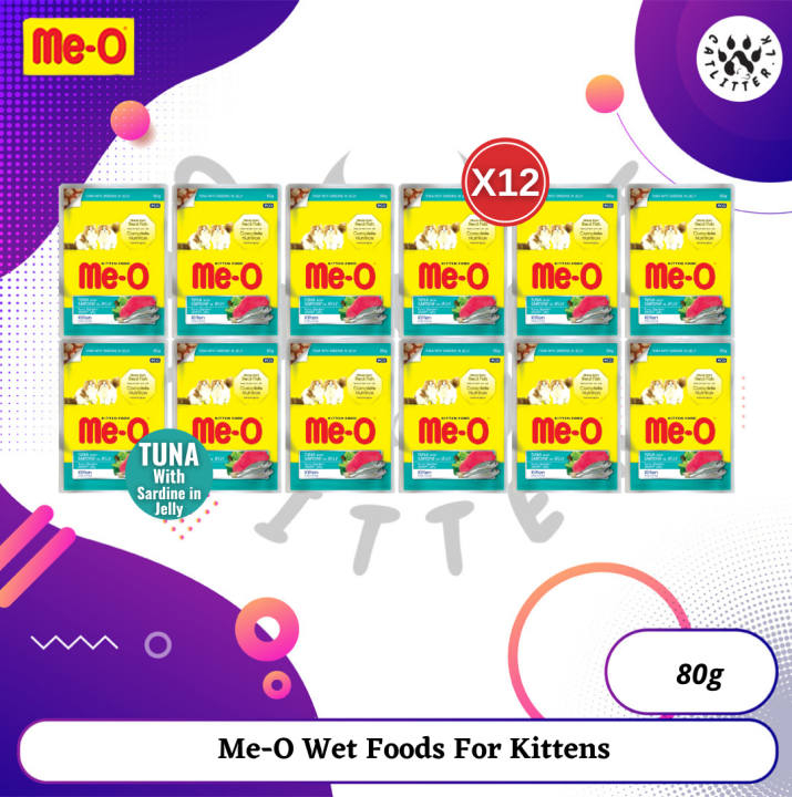 Me-O Pouch Wet Cat Food (kitten) Tuna With Sardine In Jelly (80g X 12) TOTAL 12 PACKS | Daraz.lk