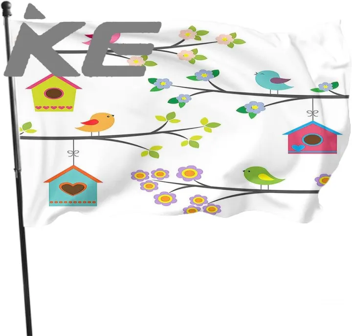 【IKE】Bird Flag Colorful Cartoon Birds On Tree Branch House Flower ...