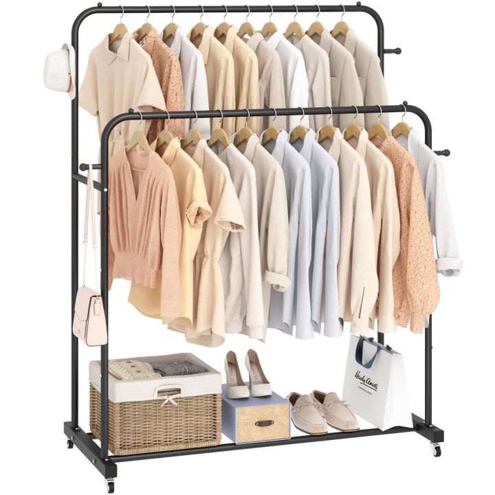 Double Rods Garment Rack with Wheels Drying Rack for Hanging Clothes 4 ...