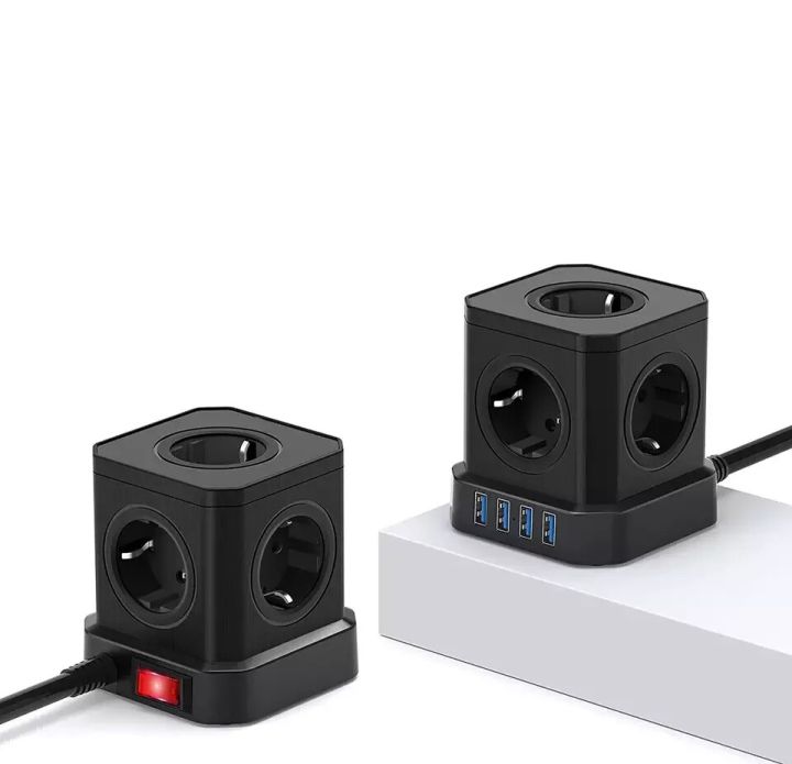220V~250V Electrical Sockets with Overload Switch Black 5 Outlets 4 USB ...