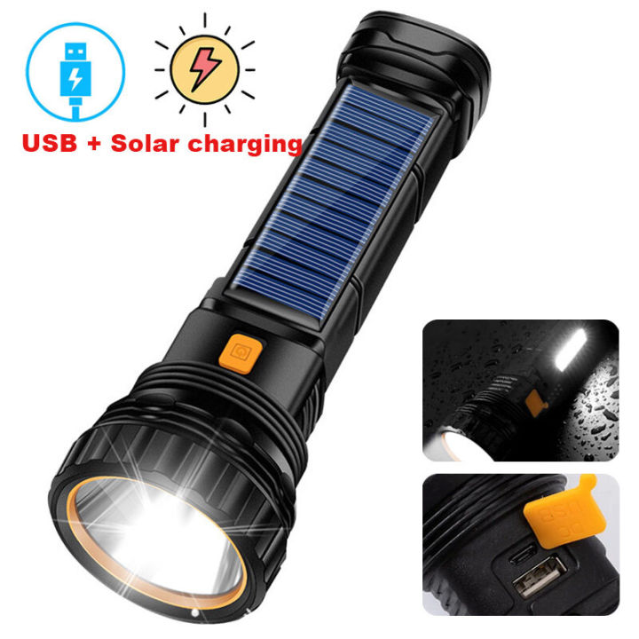 USB/Solar Charging Flashlight Built-in Battery Torch with Side Lanterna ...