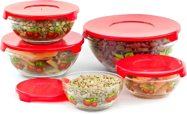 5 Pcs Glass Bowl Set with Plastic Lids - Multiple Sizes for Food ...
