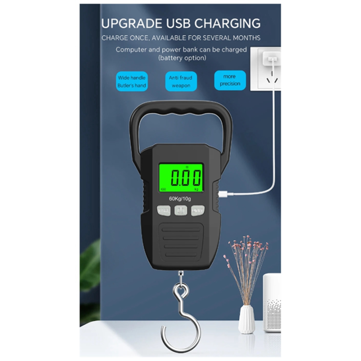 Black 60Kg/10G LCD Digital Hanging Scale Set USB Recharged Crane Hook ...