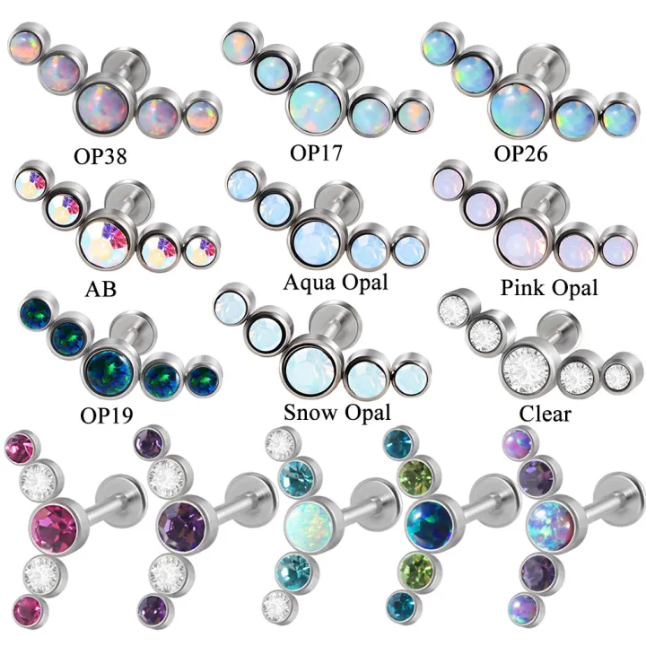 1PC Surgical Steel 5 Stone Opal Crystal Gem Labret Lip Stud Weld Flat ...