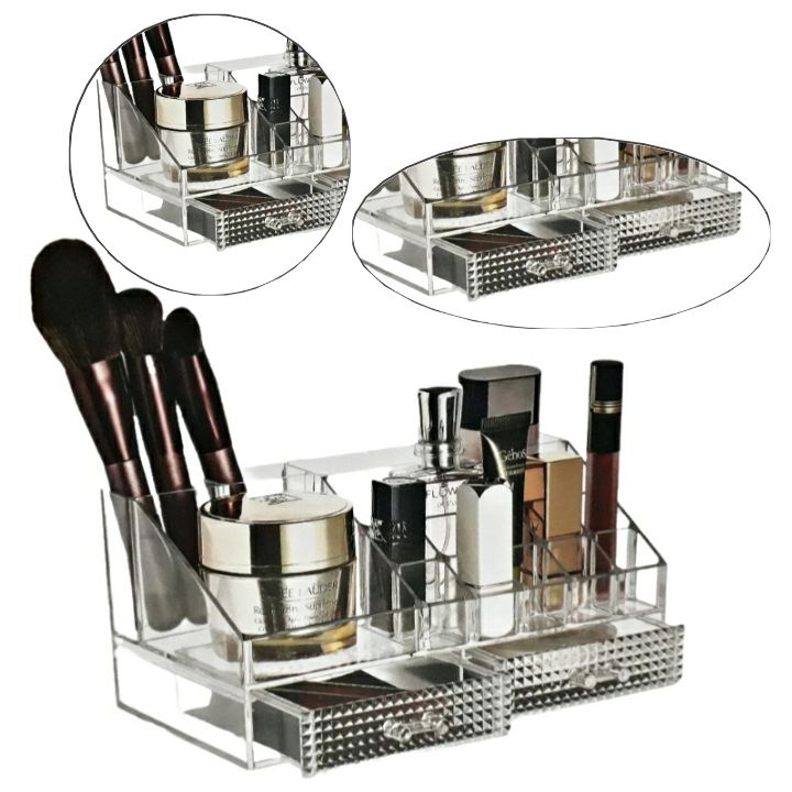 Transparent Cosmetics Storage Box 2 Drawers Grids Organizer Lipstick ...