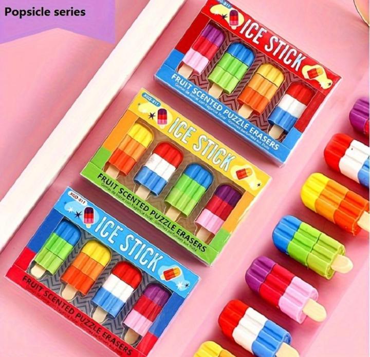 4 PCS Cartoon Stackable Ice Cream Eraser, Desk Fun Creative Pencil ...