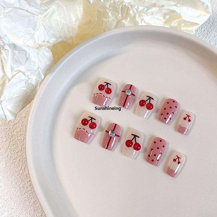 Use nails, cute cherry 10PCS hand pressed short square nails, manicures ...