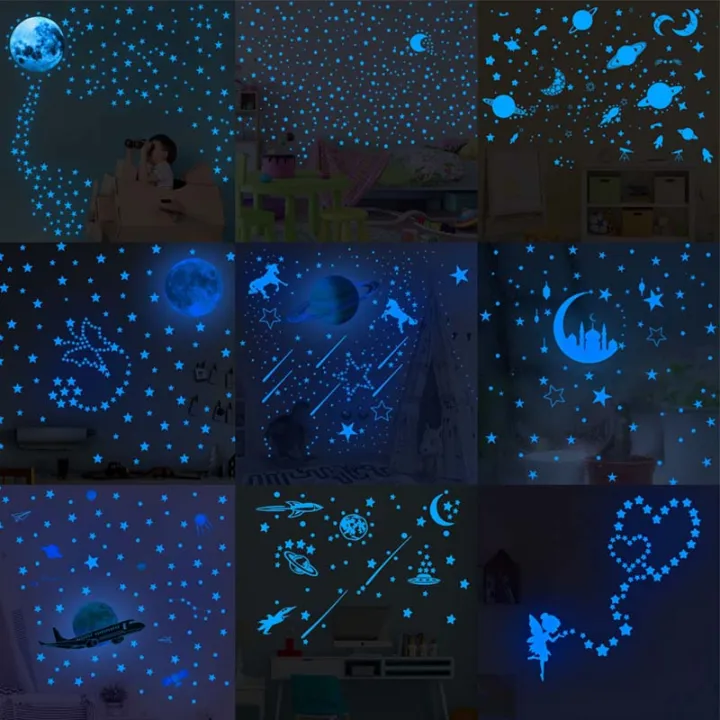 Blue Moon Stars Luminous Wall Stickers for Kids Rooms Decoration Art ...