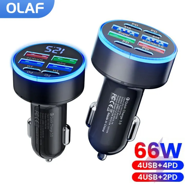 66W Car Charger 8/6Port 4USB A+4/2 Type C Fast Charging Digital Display ...