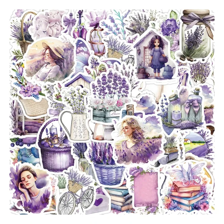 NEW 10/30/60pcs Cute Cartoon Lavender Flower Graffiti Stickers Decals ...