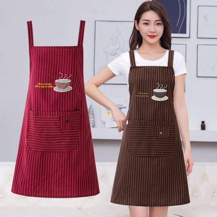 Fashionable Cotton Women Overall Apron Simple Stripe Sleeveless Kitchen ...