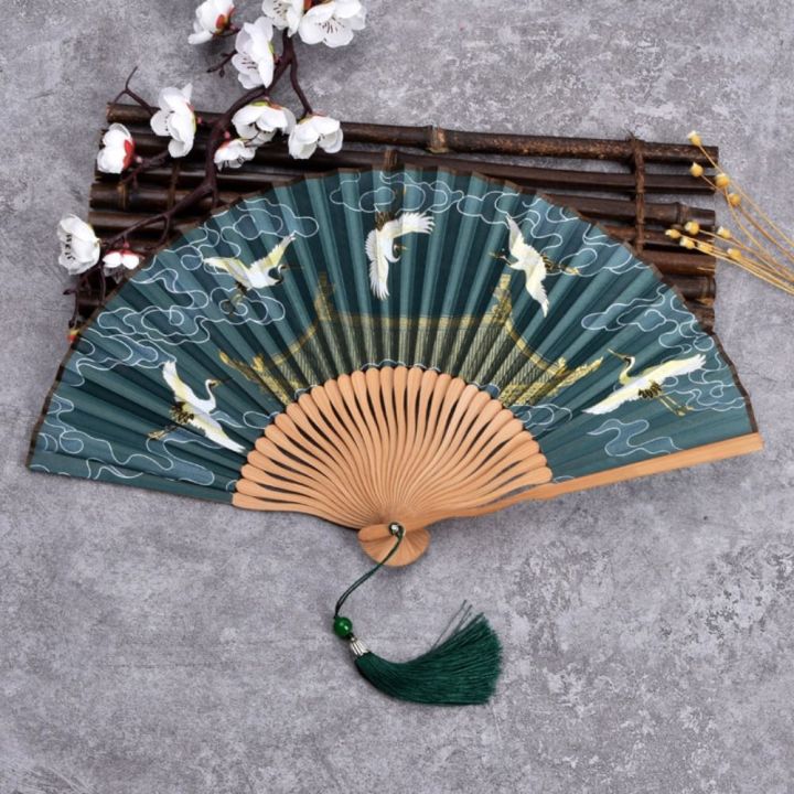 Portable Folding Folding Bamboo Fan Silk Cloth Summer Handheld Tassel ...