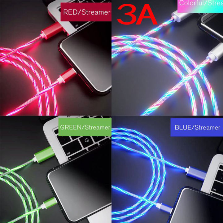 3A LED Light Glowing Fast Charging Data Cables USB TypeC Micro IOS ...