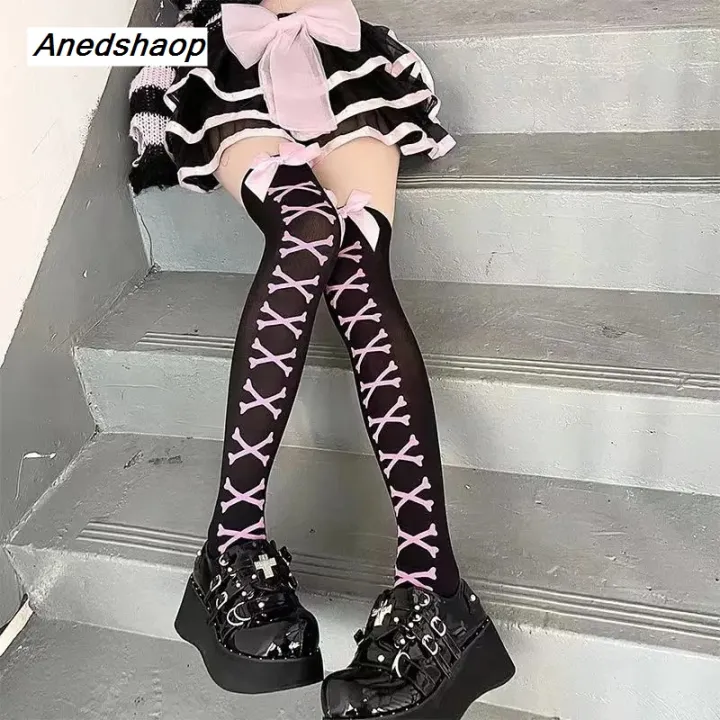 Anedshaop Lolita Long Socks Black Goth Cute Y2k Stockings Thigh Highs ...