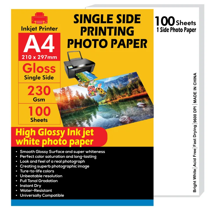 A4 Size Photo Print Paper 230 GSM 100 Sheets Glossy White One Side ...