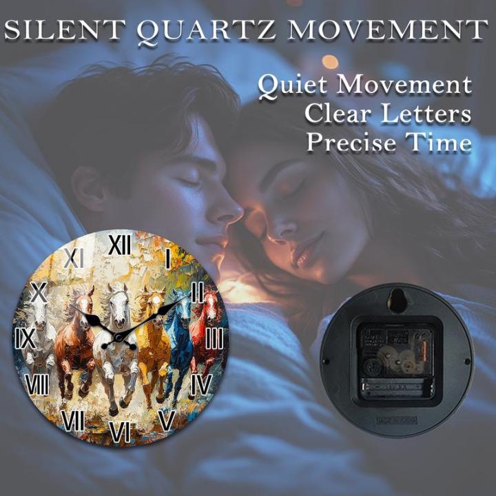 Innovation Running horses painting Quartz Analog Wooden Silent Wall ...