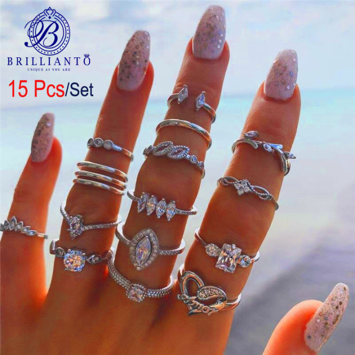 Pack of 15 Pcs Rings Set For Girls Silver Crystal Stylish Simple Mid ...