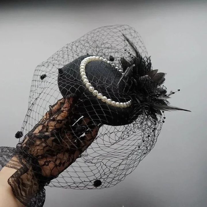 Black Veil Charm Stewardess Hat Retro Feather Pearl Hairpin Women ...