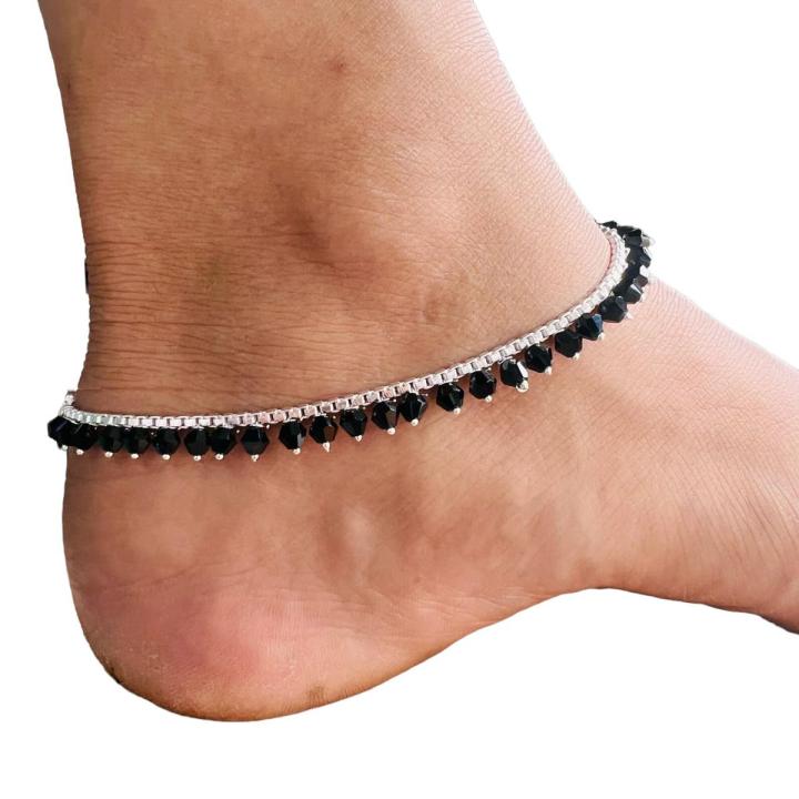 BOOM Silver Plated Traditional pair of Karina Type Anklet Padasaram Foot Jewelry Payals Kolusu With Hanging Type Black Stone for Women Daraz.lk