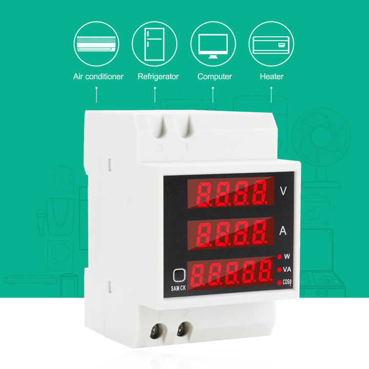 Multi-functional Digital Din Rail Current Voltage Power Ammeter Voltmeter Display Meter AC 80 ...