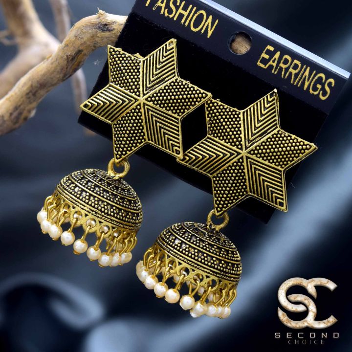 dull gold Jimmikki Earrings Star Design With White Pearl For Women ...