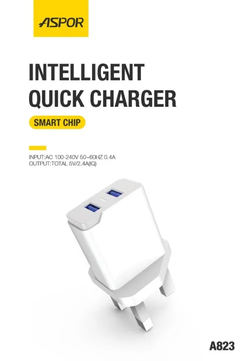 ASPOR A823 DUAL USB 2.4 A IQ Home Charger LED Blue Light 2 USB / UK Plug | Daraz.lk