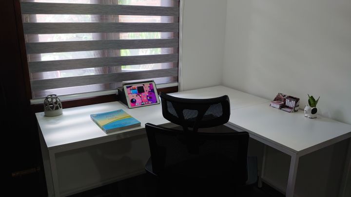 L Shape table with melamine top & powder coated steel box bar frame ...